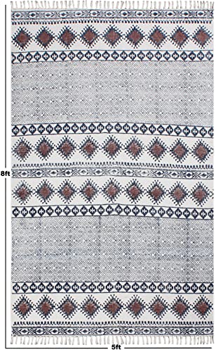 Casavani Indian Handmade Cotton Dhurrie Geometric Brown & Gray Area Rug Boho Kilim Flat Weave Rug Indoor Hall Room Decor Carpet Throw Rugs for Bedroom Living Room Bathroom Balcony 5x8 Feet