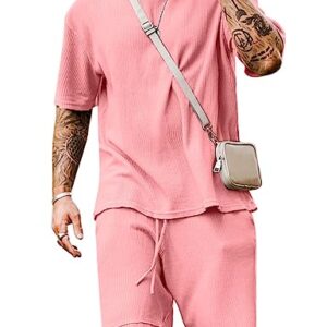 Babioboa Men's Sweatsuit Short Sleeve T Shirt Suit Summer Waffle Tee Short Sets Casual Daily Duty-off 2 pieces(Pink,S)