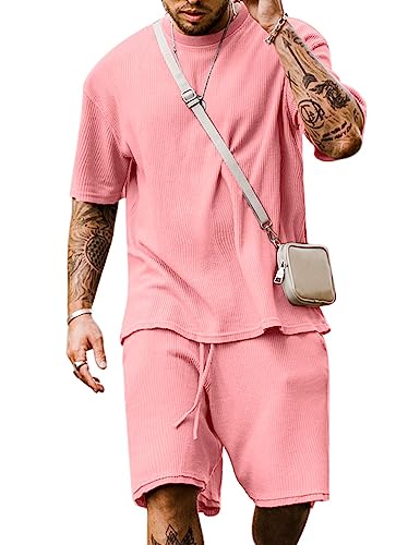 Babioboa Men's Sweatsuit Short Sleeve T Shirt Suit Summer Waffle Tee Short Sets Casual Daily Duty-off 2 pieces(Pink,S)