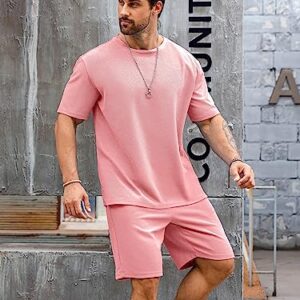 Babioboa Men's Sweatsuit Short Sleeve T Shirt Suit Summer Waffle Tee Short Sets Casual Daily Duty-off 2 pieces(Pink,S)