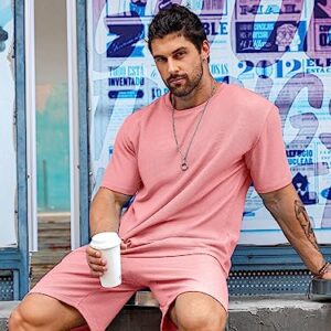 Babioboa Men's Sweatsuit Short Sleeve T Shirt Suit Summer Waffle Tee Short Sets Casual Daily Duty-off 2 pieces(Pink,S)