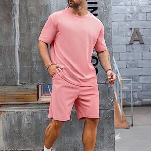 Babioboa Men's Sweatsuit Short Sleeve T Shirt Suit Summer Waffle Tee Short Sets Casual Daily Duty-off 2 pieces(Pink,S)