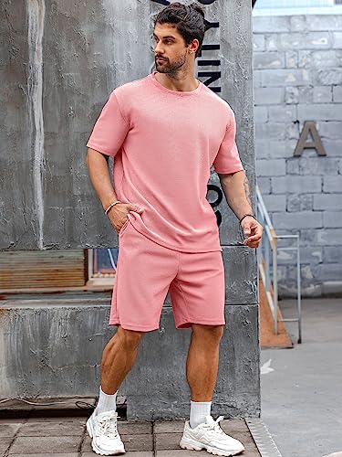 Babioboa Men's Sweatsuit Short Sleeve T Shirt Suit Summer Waffle Tee Short Sets Casual Daily Duty-off 2 pieces(Pink,S)