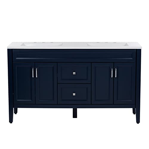 Spring Mill Cabinets D60V40277 Vadin Double-Sink Bathroom Vanity with 2 Drawers, 2 Cabinets, and White Countertop, Blue