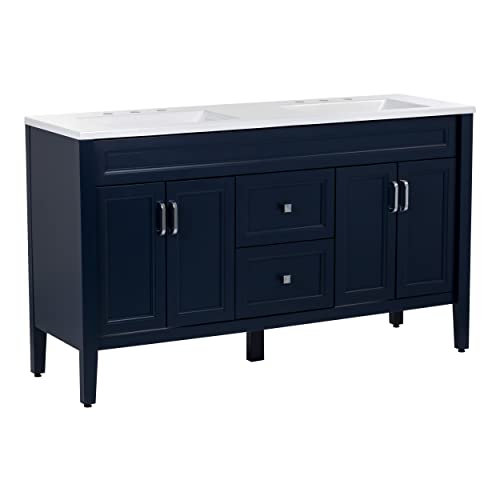 Spring Mill Cabinets D60V40277 Vadin Double-Sink Bathroom Vanity with 2 Drawers, 2 Cabinets, and White Countertop, Blue