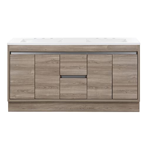 Spring Mill Cabinets D60V40265 Tarni Double 4 Drawers, 2 Cabinets, and White Vanity Top with 2 Sinks, Forest Elm