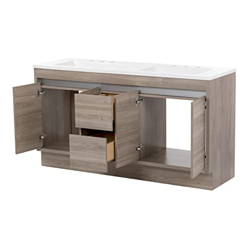 Spring Mill Cabinets D60V40265 Tarni Double 4 Drawers, 2 Cabinets, and White Vanity Top with 2 Sinks, Forest Elm