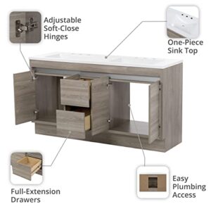 Spring Mill Cabinets D60V40265 Tarni Double 4 Drawers, 2 Cabinets, and White Vanity Top with 2 Sinks, Forest Elm