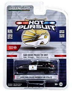 2015 police interceptor utility black & white san diego police k9 unit, san diego, ca hot pursuit 1/64 diecast model car by greenlight 43010 e