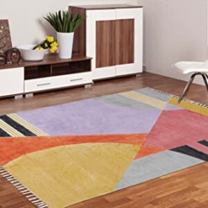 Casavani Hand Made Cotton Dhurrie Geometric Yellow & Pink Tassel Rug Easy Care Washable Rugs for Doormat Entryway Living Room Bedroom Hallway Balcony 4x12 Feet Runner