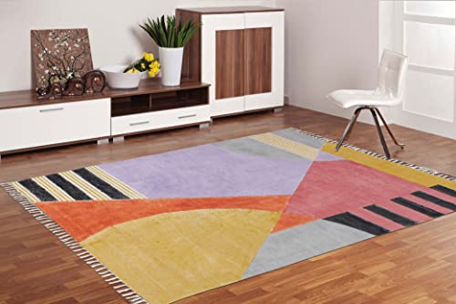 Casavani Hand Made Cotton Dhurrie Geometric Yellow & Pink Tassel Rug Easy Care Washable Rugs for Doormat Entryway Living Room Bedroom Hallway Balcony 4x12 Feet Runner