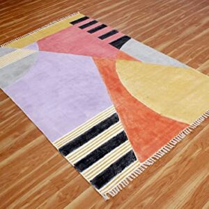 Casavani Hand Made Cotton Dhurrie Geometric Yellow & Pink Tassel Rug Easy Care Washable Rugs for Doormat Entryway Living Room Bedroom Hallway Balcony 4x12 Feet Runner