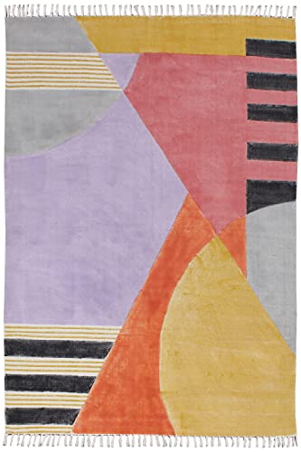 Casavani Hand Made Cotton Dhurrie Geometric Yellow & Pink Tassel Rug Easy Care Washable Rugs for Doormat Entryway Living Room Bedroom Hallway Balcony 4x12 Feet Runner