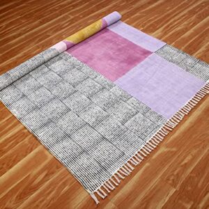 Casavani Hand Block Printed Rug Geometric Blue & Pink Tassel Rug Boho Area Rug Easy Care Washable Rugs for Doormat Entryway Living Room Bedroom Hallway Balcony 10x10 Feet Square