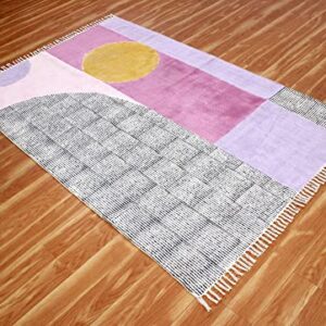 Casavani Hand Block Printed Rug Geometric Blue & Pink Tassel Rug Boho Area Rug Easy Care Washable Rugs for Doormat Entryway Living Room Bedroom Hallway Balcony 10x10 Feet Square