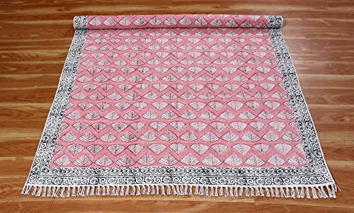 Casavani Indian Handmade Cotton Dhurrie Bordered Pink & Beige Area Rug Boho Kilim Flat Weave Rug Indoor Hall Room Decor Carpet Throw Rugs for Bedroom Living Room Bathroom Balcony 3x10 Feet Runner