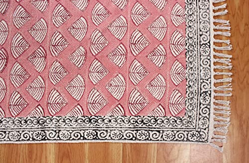 Casavani Indian Handmade Cotton Dhurrie Bordered Pink & Beige Area Rug Boho Kilim Flat Weave Rug Indoor Hall Room Decor Carpet Throw Rugs for Bedroom Living Room Bathroom Balcony 3x10 Feet Runner