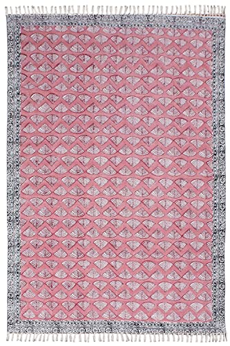 Casavani Indian Handmade Cotton Dhurrie Bordered Pink & Beige Area Rug Boho Kilim Flat Weave Rug Indoor Hall Room Decor Carpet Throw Rugs for Bedroom Living Room Bathroom Balcony 3x10 Feet Runner