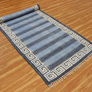 Casavani Hand Block Printed Cotton Dhurrie Striped Tassel Rug Boho Area Rug Easy Care Washable Rugs for Doormat Entryway Living Room Bedroom Hallway Balcony 6x12 Feet Runner