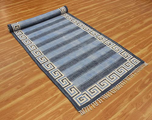 Casavani Hand Block Printed Cotton Dhurrie Striped Tassel Rug Boho Area Rug Easy Care Washable Rugs for Doormat Entryway Living Room Bedroom Hallway Balcony 6x12 Feet Runner