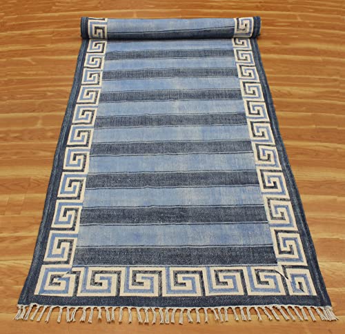 Casavani Hand Block Printed Cotton Dhurrie Striped Tassel Rug Boho Area Rug Easy Care Washable Rugs for Doormat Entryway Living Room Bedroom Hallway Balcony 6x12 Feet Runner