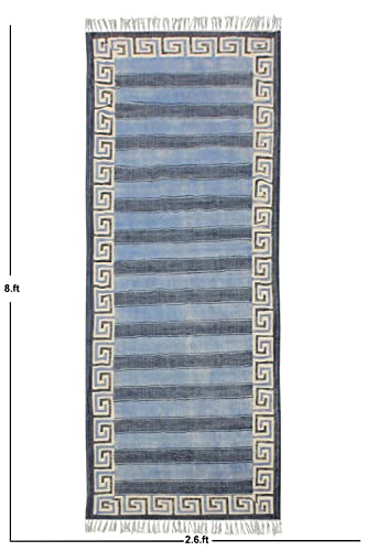 Casavani Hand Block Printed Cotton Dhurrie Striped Tassel Rug Boho Area Rug Easy Care Washable Rugs for Doormat Entryway Living Room Bedroom Hallway Balcony 6x12 Feet Runner