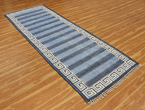 Casavani Hand Block Printed Cotton Dhurrie Striped Tassel Rug Boho Area Rug Easy Care Washable Rugs for Doormat Entryway Living Room Bedroom Hallway Balcony 6x12 Feet Runner