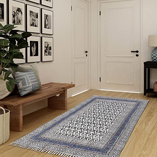 Casavani Hand Block Printed Rug Floral Blue & Beige Tassel Rug Boho Area Rug Easy Care Washable Rugs for Doormat Entryway Living Room Bedroom Hallway Balcony 12x12 Feet Square