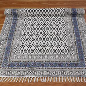 Casavani Hand Block Printed Rug Floral Blue & Beige Tassel Rug Boho Area Rug Easy Care Washable Rugs for Doormat Entryway Living Room Bedroom Hallway Balcony 12x12 Feet Square