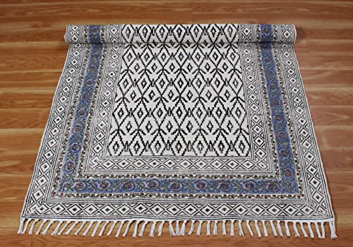 Casavani Hand Block Printed Rug Floral Blue & Beige Tassel Rug Boho Area Rug Easy Care Washable Rugs for Doormat Entryway Living Room Bedroom Hallway Balcony 12x12 Feet Square