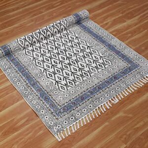 Casavani Hand Block Printed Rug Floral Blue & Beige Tassel Rug Boho Area Rug Easy Care Washable Rugs for Doormat Entryway Living Room Bedroom Hallway Balcony 12x12 Feet Square