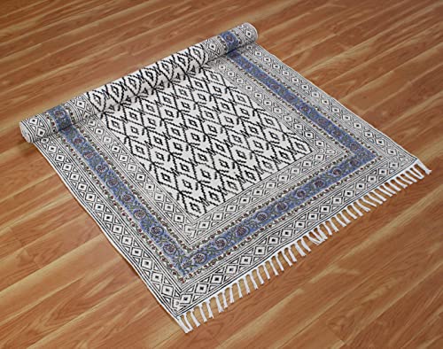 Casavani Hand Block Printed Rug Floral Blue & Beige Tassel Rug Boho Area Rug Easy Care Washable Rugs for Doormat Entryway Living Room Bedroom Hallway Balcony 12x12 Feet Square