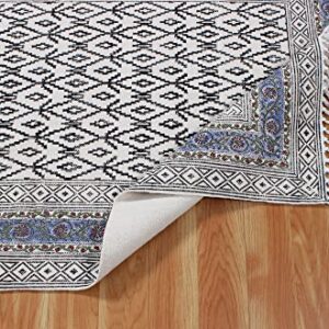 Casavani Hand Block Printed Rug Floral Blue & Beige Tassel Rug Boho Area Rug Easy Care Washable Rugs for Doormat Entryway Living Room Bedroom Hallway Balcony 12x12 Feet Square