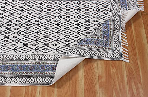 Casavani Hand Block Printed Rug Floral Blue & Beige Tassel Rug Boho Area Rug Easy Care Washable Rugs for Doormat Entryway Living Room Bedroom Hallway Balcony 12x12 Feet Square