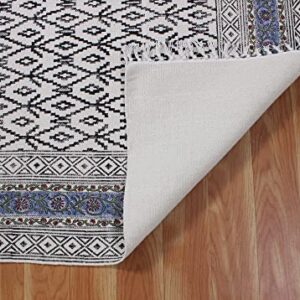 Casavani Hand Block Printed Rug Floral Blue & Beige Tassel Rug Boho Area Rug Easy Care Washable Rugs for Doormat Entryway Living Room Bedroom Hallway Balcony 12x12 Feet Square