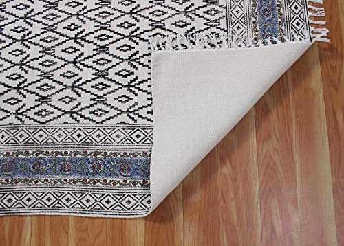 Casavani Hand Block Printed Rug Floral Blue & Beige Tassel Rug Boho Area Rug Easy Care Washable Rugs for Doormat Entryway Living Room Bedroom Hallway Balcony 12x12 Feet Square