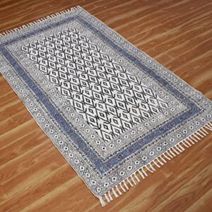 Casavani Hand Block Printed Rug Floral Blue & Beige Tassel Rug Boho Area Rug Easy Care Washable Rugs for Doormat Entryway Living Room Bedroom Hallway Balcony 12x12 Feet Square