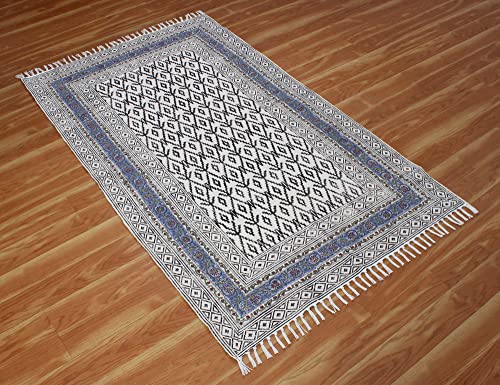 Casavani Hand Block Printed Rug Floral Blue & Beige Tassel Rug Boho Area Rug Easy Care Washable Rugs for Doormat Entryway Living Room Bedroom Hallway Balcony 12x12 Feet Square