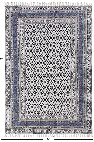 Casavani Hand Block Printed Rug Floral Blue & Beige Tassel Rug Boho Area Rug Easy Care Washable Rugs for Doormat Entryway Living Room Bedroom Hallway Balcony 12x12 Feet Square