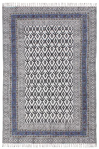 Casavani Hand Block Printed Rug Floral Blue & Beige Tassel Rug Boho Area Rug Easy Care Washable Rugs for Doormat Entryway Living Room Bedroom Hallway Balcony 12x12 Feet Square