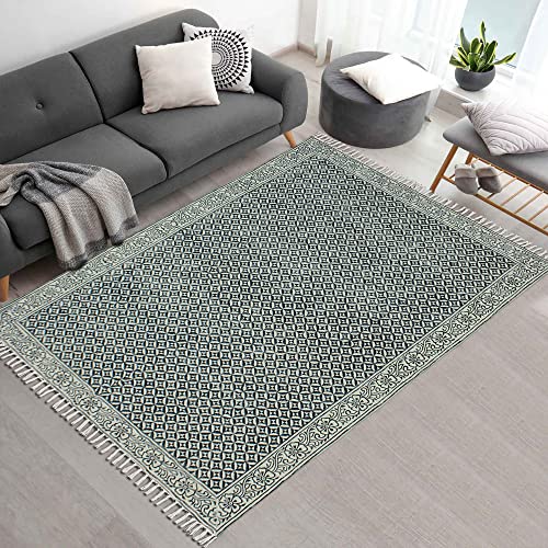 Casavani Hand Made Cotton Dhurrie Floral Blue & Beige Tassel Rug Easy Care Washable Rugs for Doormat Entryway Living Room Bedroom Hallway Balcony 12x15 Feet