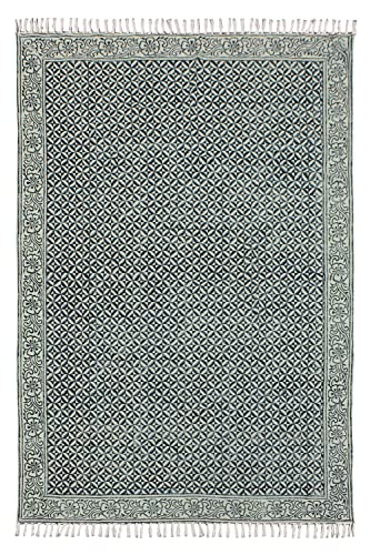 Casavani Hand Made Cotton Dhurrie Floral Blue & Beige Tassel Rug Easy Care Washable Rugs for Doormat Entryway Living Room Bedroom Hallway Balcony 12x15 Feet