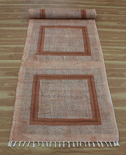 Casavani Hand Block Printed Cotton Dhurrie Bordered Brown & Beige Area Rug Doormat Floor Rug Indoor Area Rugs for Bedroom Living Room Laundry Room 10x18 Feet