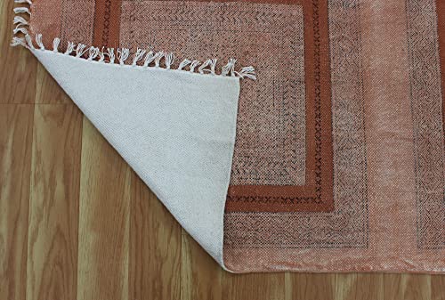 Casavani Hand Block Printed Cotton Dhurrie Bordered Brown & Beige Area Rug Doormat Floor Rug Indoor Area Rugs for Bedroom Living Room Laundry Room 10x18 Feet