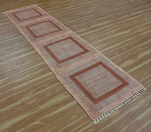 Casavani Hand Block Printed Cotton Dhurrie Bordered Brown & Beige Area Rug Doormat Floor Rug Indoor Area Rugs for Bedroom Living Room Laundry Room 10x18 Feet