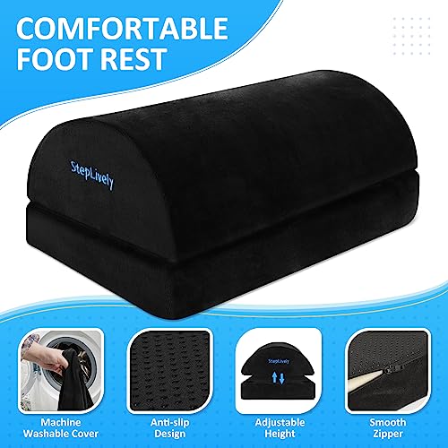 StepLively Foot Rest for Under Desk at Work, Comfortable Foot Stool with 2 Adjustable Heights, Footrest with Washable Cover, for Back & Hip Pain Relief, Suitable for Office, Home and Car (Black)