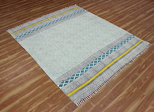 Casavani Hand Block Printed Cotton Dhurrie Geometric Blue & Black Area Rug Doormat Floor Rug Indoor Area Rugs for Bedroom Living Room Laundry Room 6x12 Feet Runner