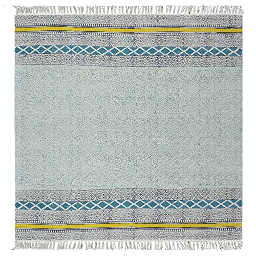 Casavani Hand Block Printed Cotton Dhurrie Geometric Blue & Black Area Rug Doormat Floor Rug Indoor Area Rugs for Bedroom Living Room Laundry Room 6x12 Feet Runner