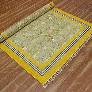 Casavani Indian Handmade Cotton Dhurrie Oriental Yellow & Beige Area Rug Boho Kilim Flat Weave Rug Indoor Hall Room Decor Carpet Throw Rugs for Bedroom Living Room Bathroom Balcony 4x10 Feet Runner