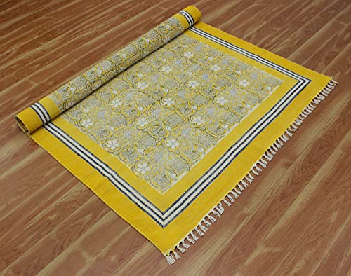 Casavani Indian Handmade Cotton Dhurrie Oriental Yellow & Beige Area Rug Boho Kilim Flat Weave Rug Indoor Hall Room Decor Carpet Throw Rugs for Bedroom Living Room Bathroom Balcony 4x10 Feet Runner